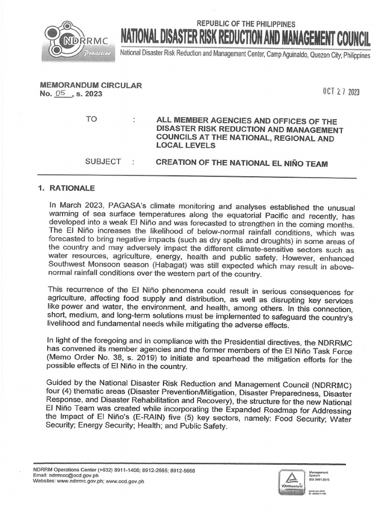 NDRRMC Memorandum Circular No 05 S 2023 | PDF