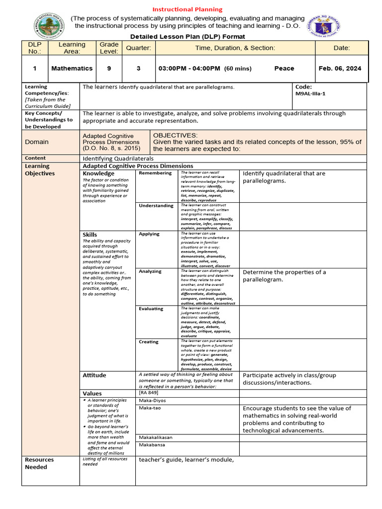 GRADE 9 MATHEMATICS - DLP-Q3-Week-1-Day-1 | PDF | Learning | Teachers