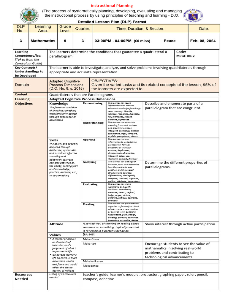 GRADE 9 MATHEMATICS - DLP-Q3-Week-1-Day-3 | PDF | Learning | Knowledge