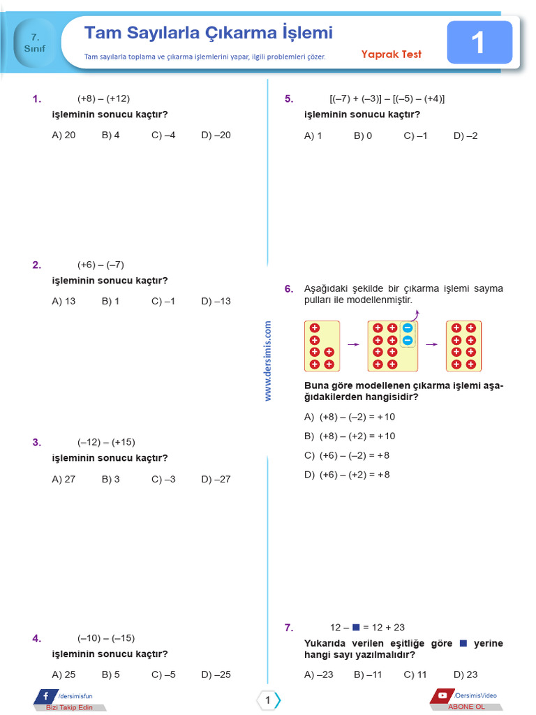 3 Tam Sayilarla Cikarmaislemi Test 1 | PDF
