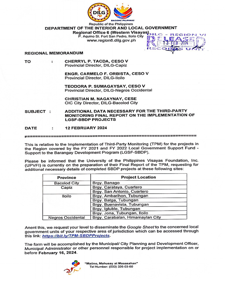 Regional Memorandum Re Additional Data Necessary For The Third Party