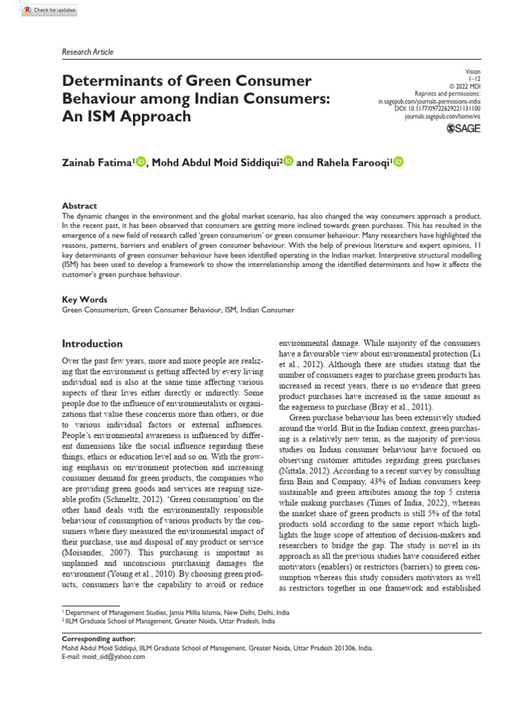 Fatima Et Al 2022 Determinants of Green Consumer Behaviour Among Indian Consumers An Ism ...