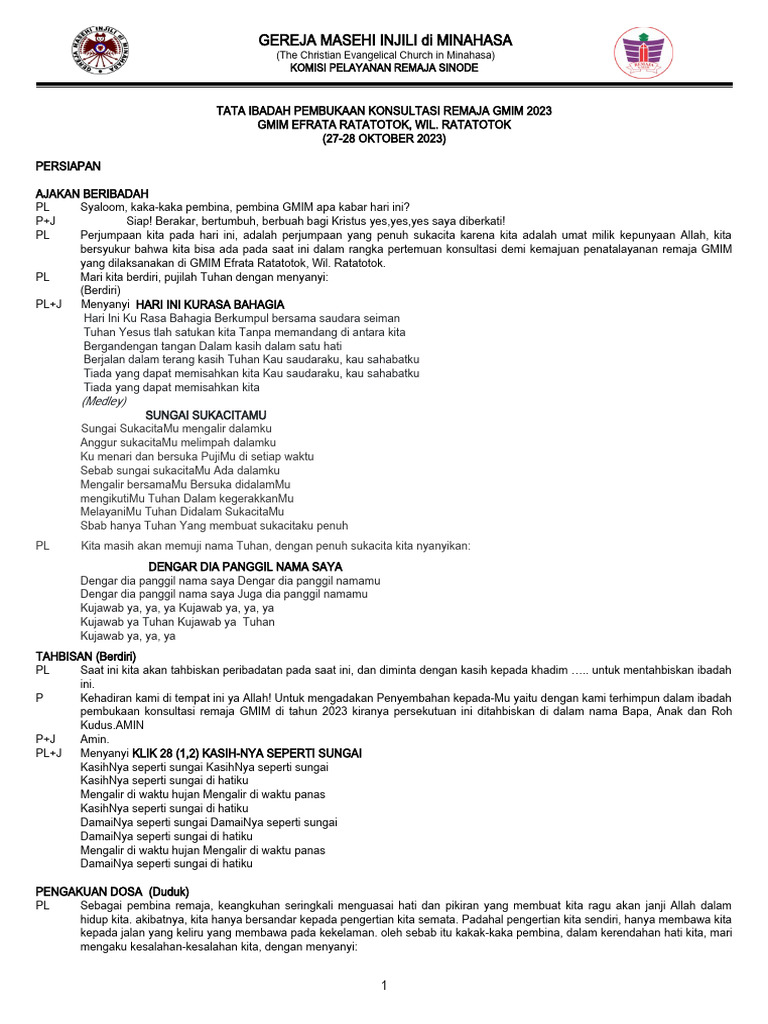 Tata Ibadah Pembukaan Konsultasi Remaja Gmim 2023 | PDF | Agama & Spiritualitas