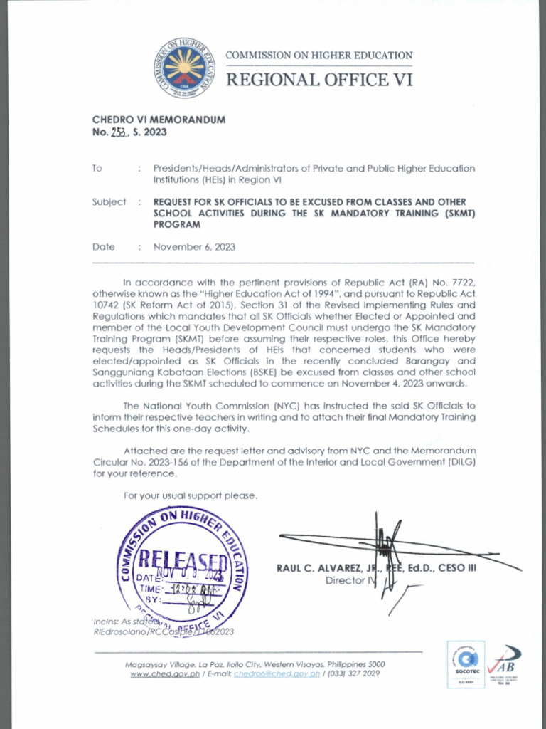 CHEDRO VI Memo No. 253, Series of 2023 - on NYC Request to Excuse SK ...