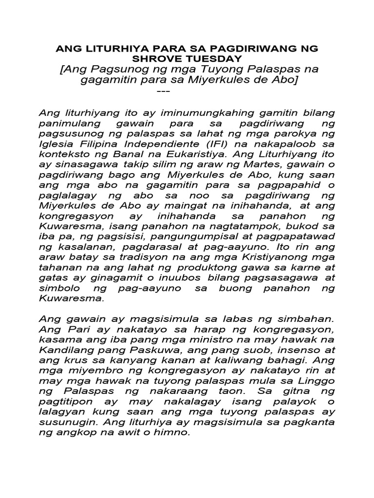 FILIPINO VERSION The Liturgy For Shrove Tuesday | PDF