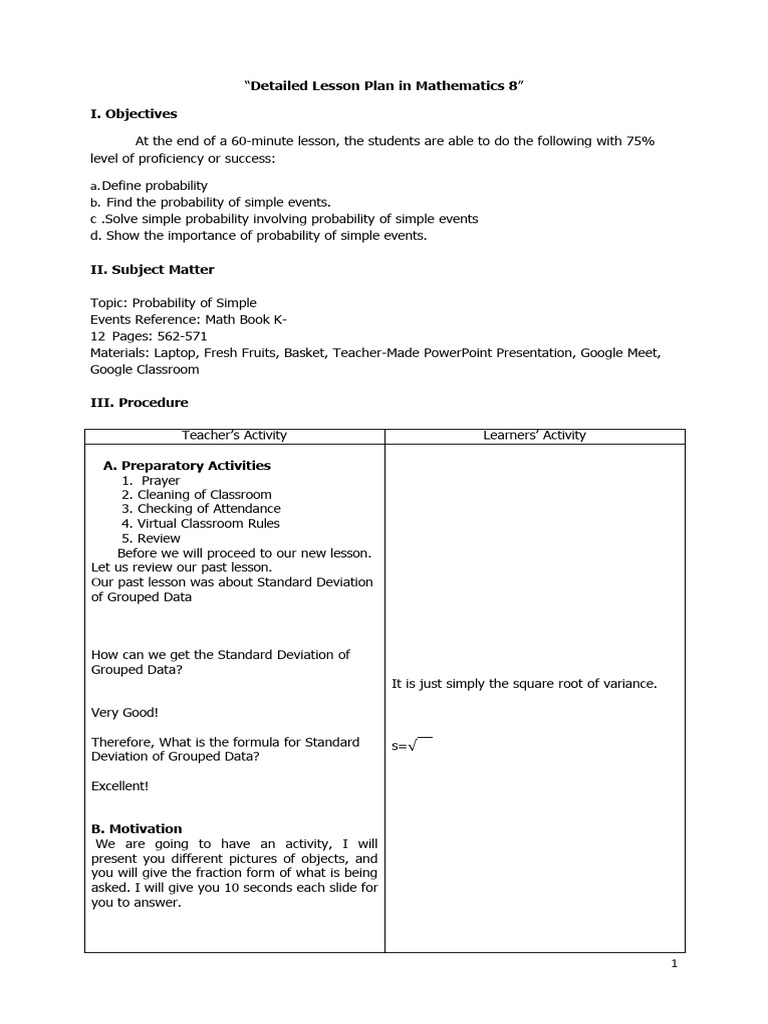 Probability of Simple Events Lesson Plan | PDF | Probability | Fruit