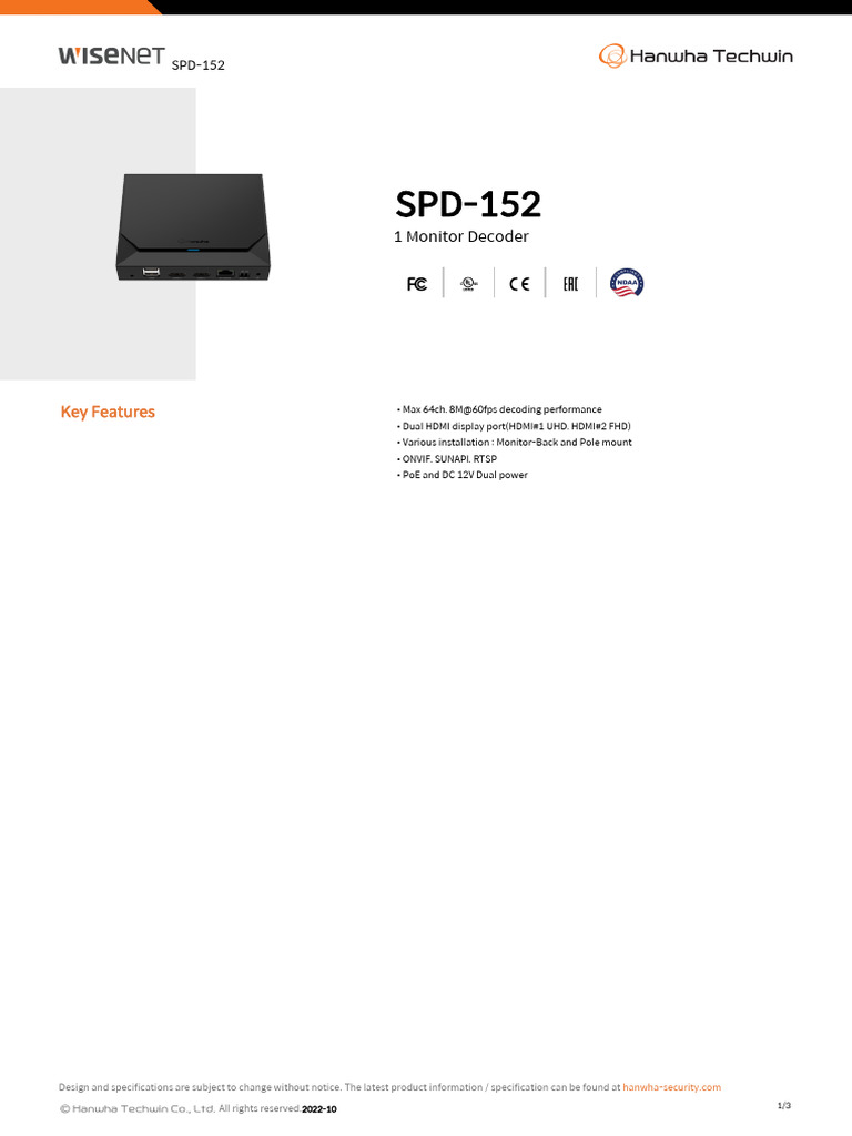 Hanwha Techwin (Samsung) SPD 152 Datasheet A1 | PDF | Codec | Computer ...