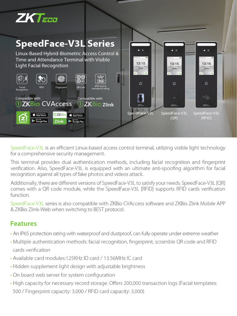 SpeedFace-V3L Series Datasheet - CVAccess 202312 | PDF | Authentication | Radio Frequency ...