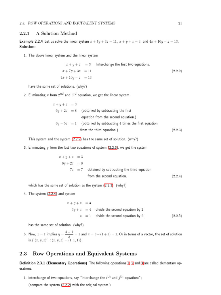 2.2.1 A Solution Method: 2.3 Row Operations and Equivalent Systems | PDF | Matrix (Mathematics ...