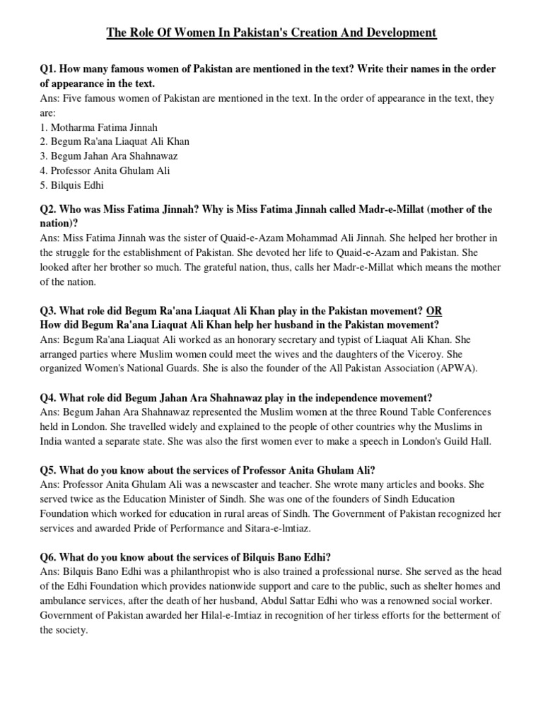 The Role of Pakistani Women's | PDF | Muhammad Ali Jinnah | Pakistan ...