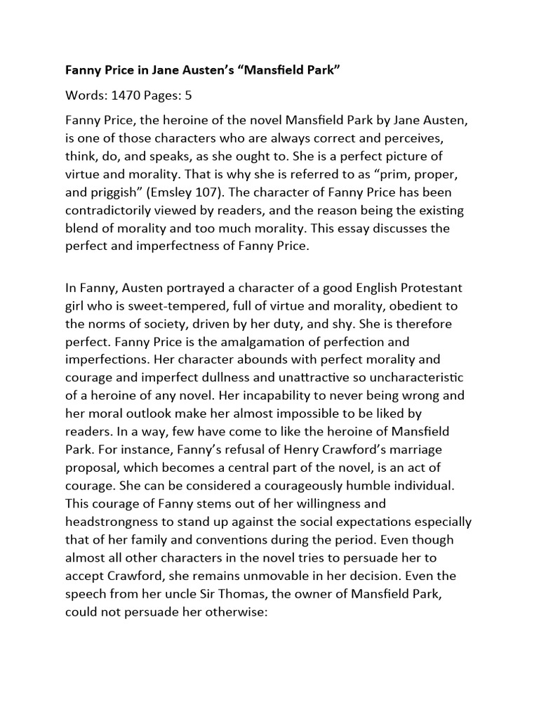 Fanny Price: Virtue and Complexity in Austen | PDF | Fanny Price ...