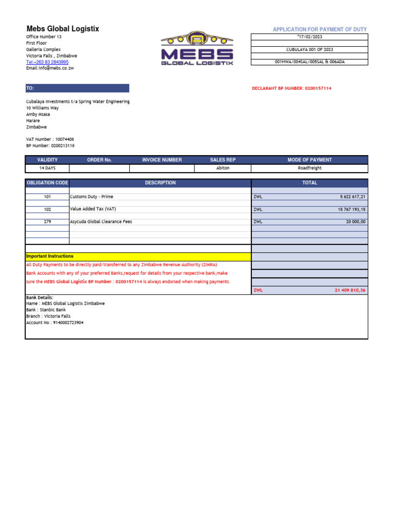 Application For Payment of Duty Form Cubalaya Investments February 2023 ...
