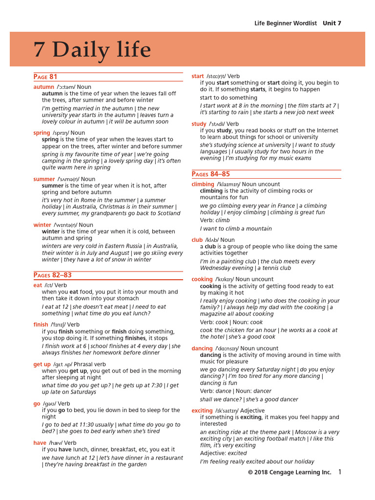 Life Beginner Wordlist Alphabetised Unit 7 | PDF | Adjective | Noun