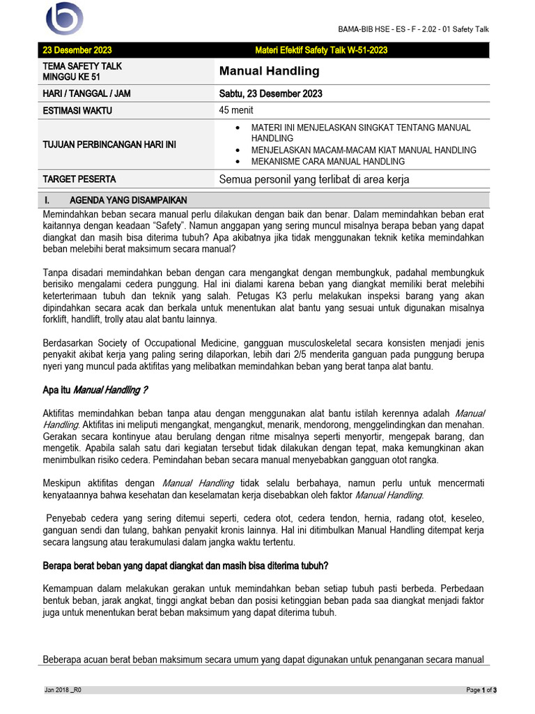Materi Safety Talk Week 51 MANUAL HANDLING | PDF