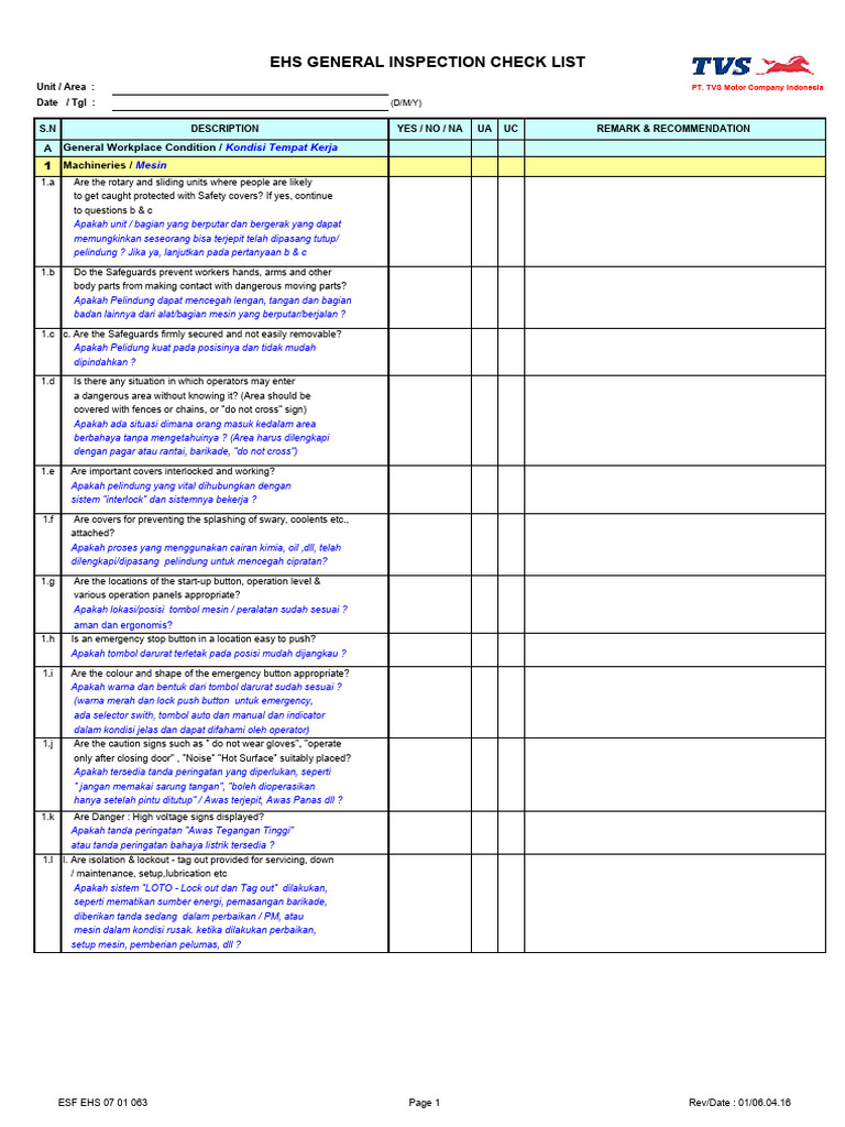 ESF EHS 07 01 063 Form EHS General Inspection Rev.01 | PDF