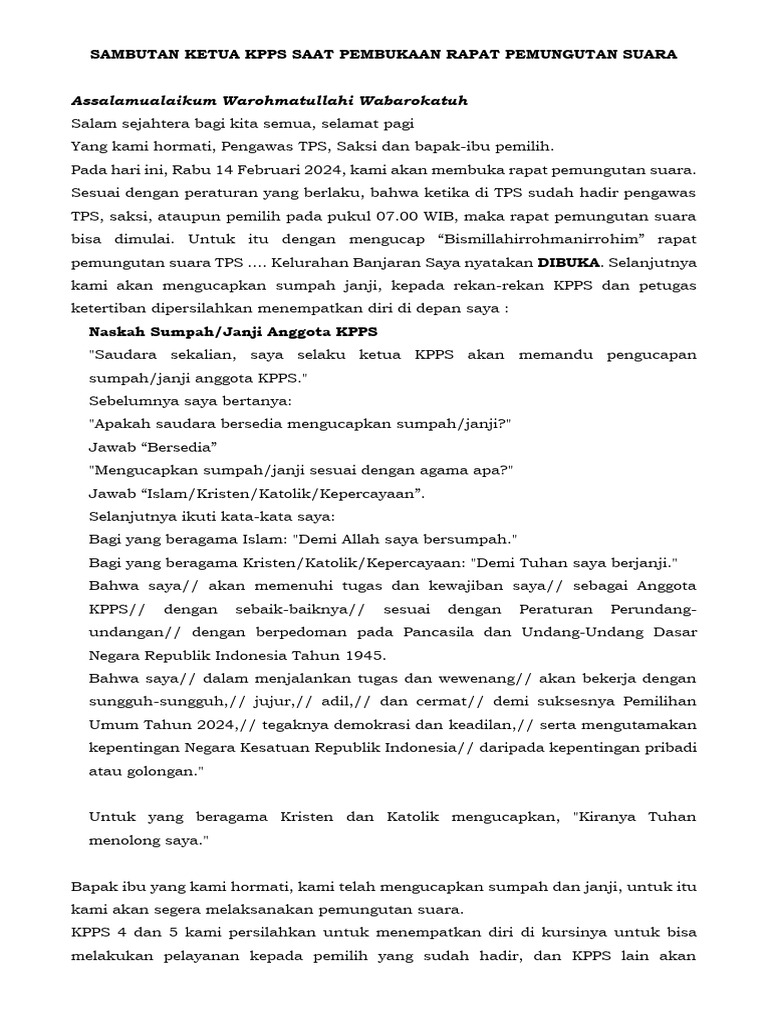 Teks Sambutan Ketua KPPS (Pemungutan dan Penghitungan Suara) | PDF