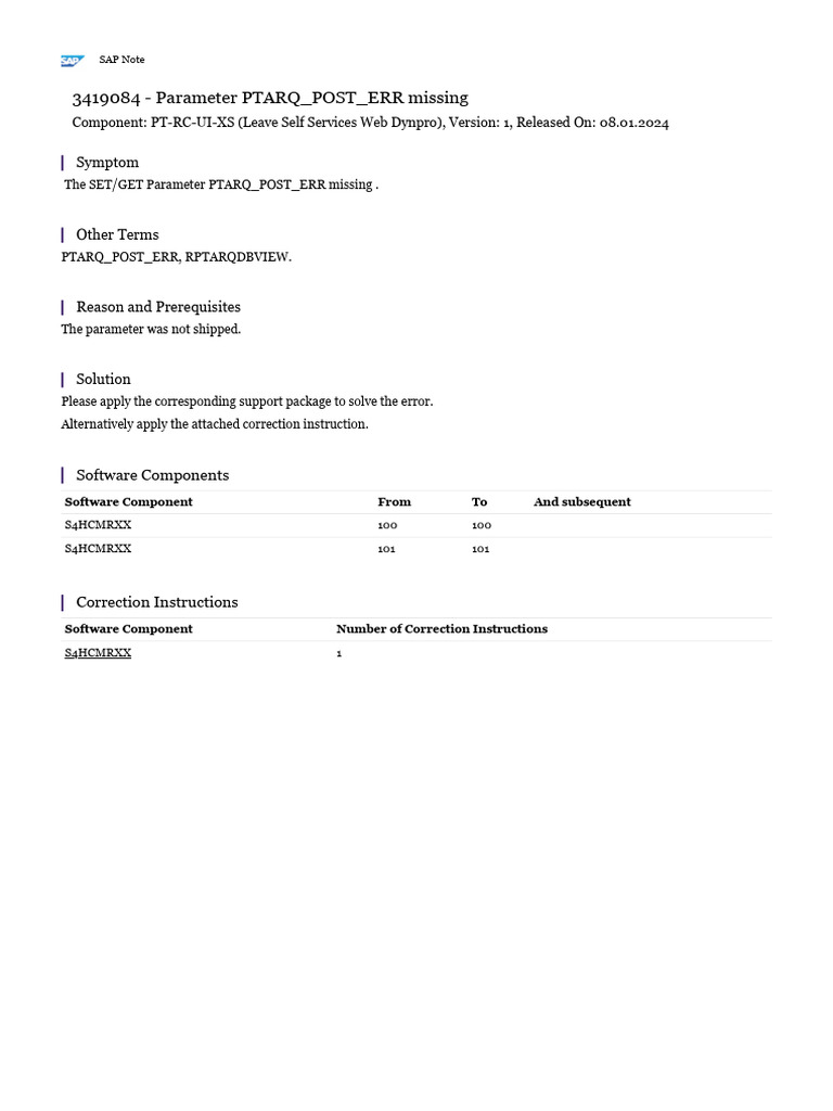 Parameter PTARQ - POST - ERR Missing | PDF