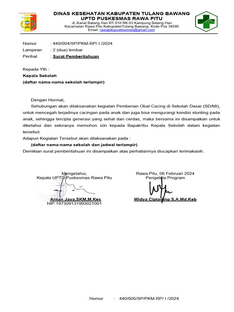 005 Surat Pemberitahuan Pemberian Obat Cacing | PDF