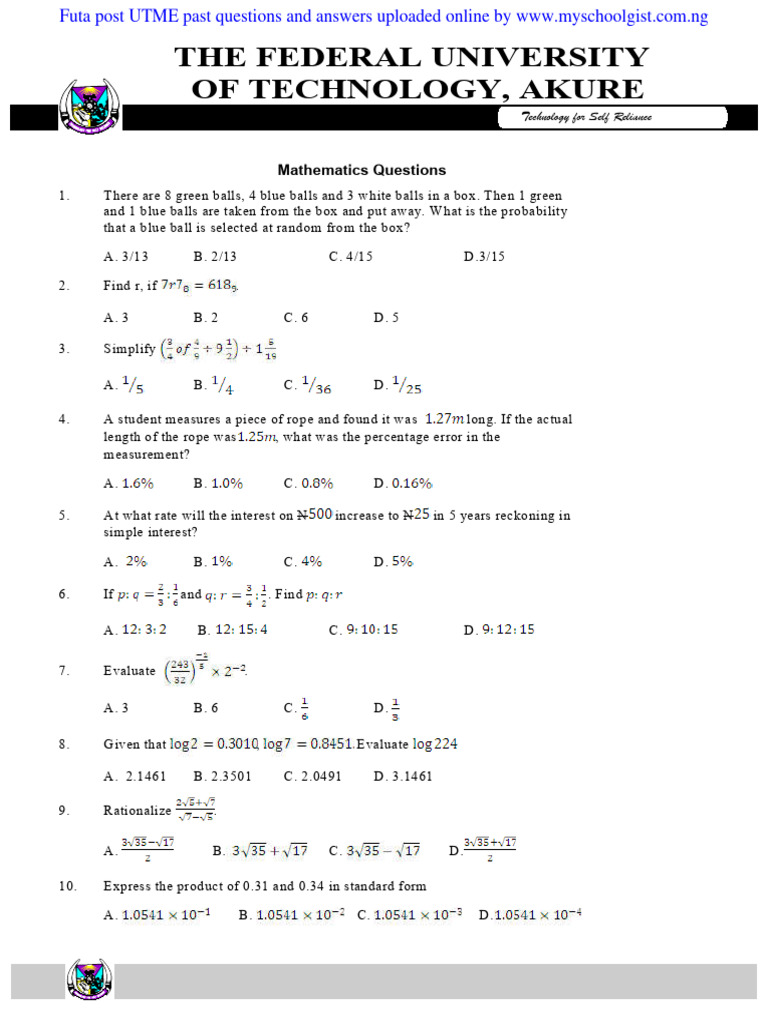 FUTA Post UTME Maths Questions 2 | PDF | Science