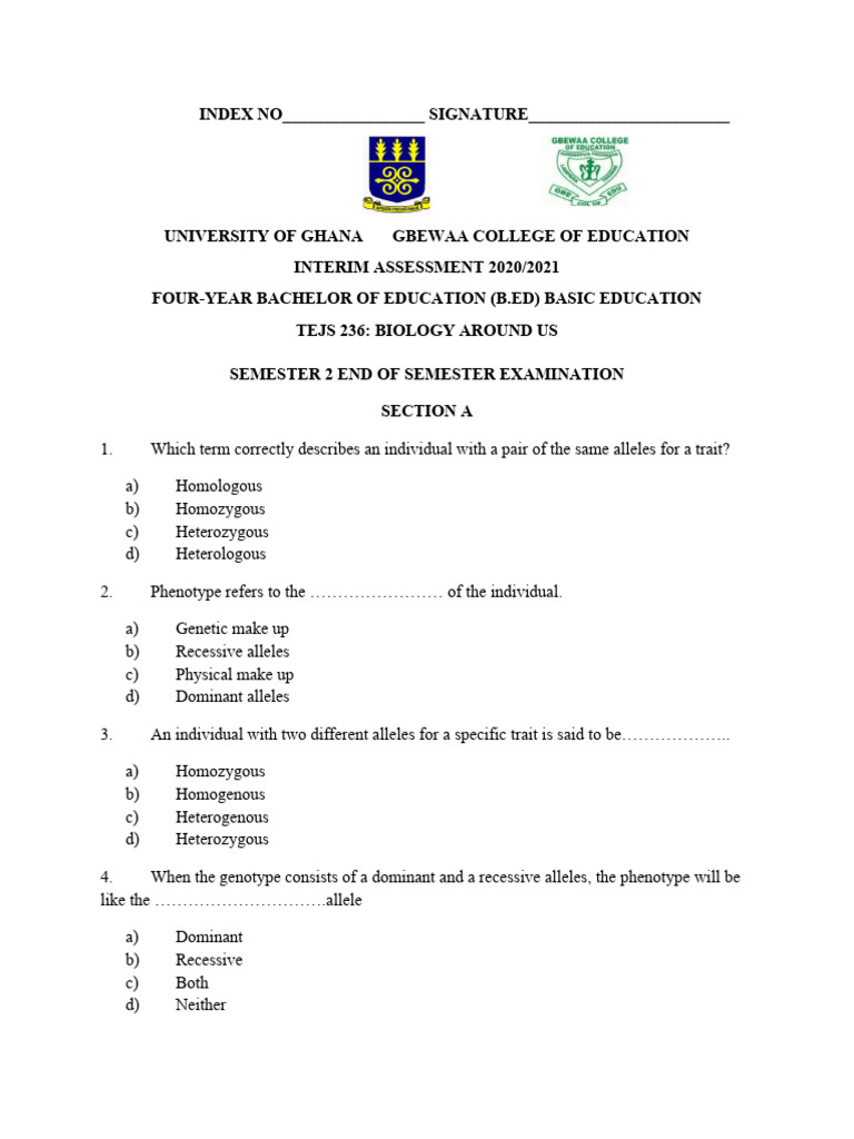 Ug Sem 2 Exams Biology Around Us | PDF | Zygosity | Dominance (Genetics)