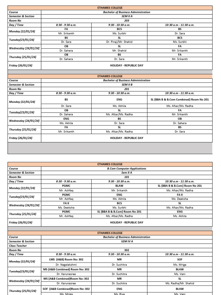 Timetable - 22nd To 25th January 2024 | PDF | Academic Term | Social Institutions