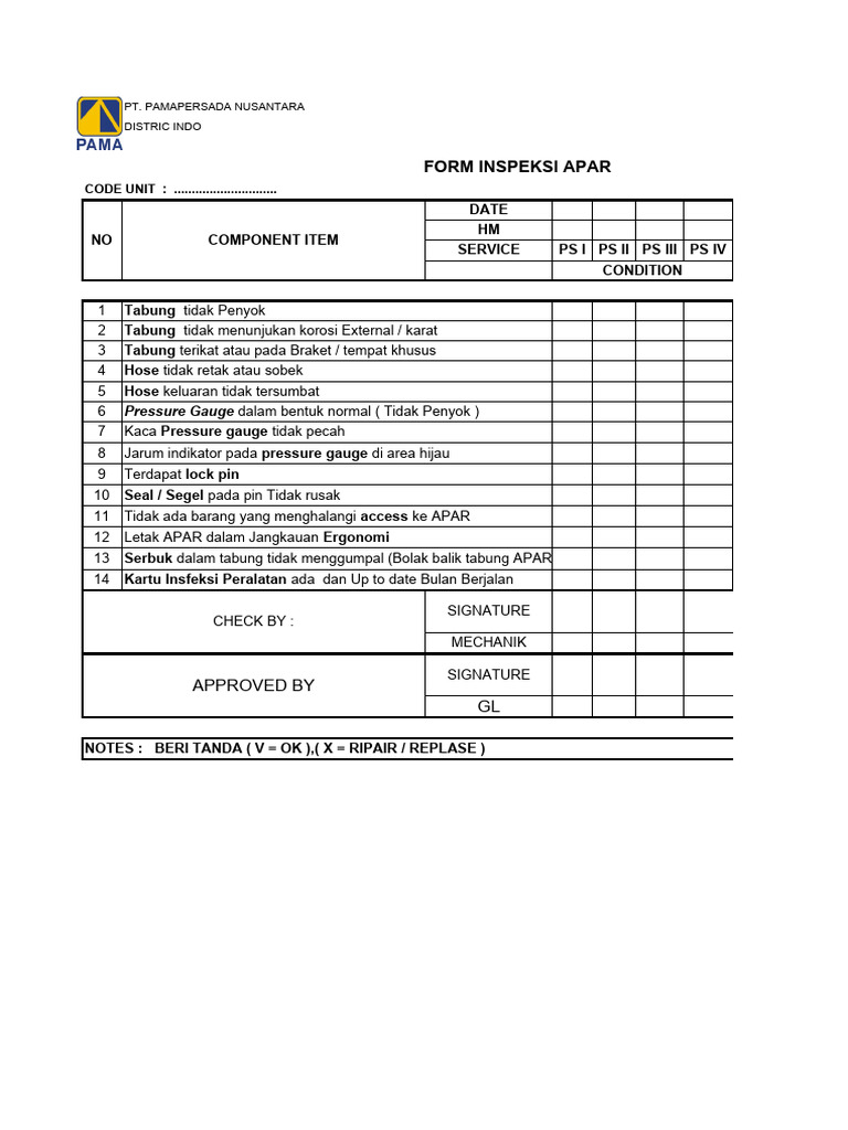 Form Inspeksi APAR PT. PAMAPERSADA | PDF | Teknologi & Rekayasa