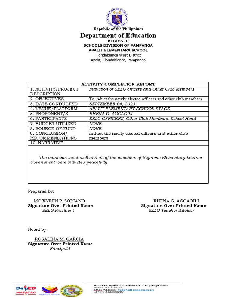 SELG Activity Completion Report_induction | PDF | Philippines | Government