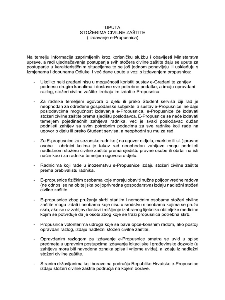 UPUTA - Izdavanje Propusnica - 8.4.2020 | PDF