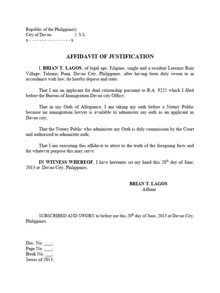 Affidavit of Justification Sample | PDF | Social Science