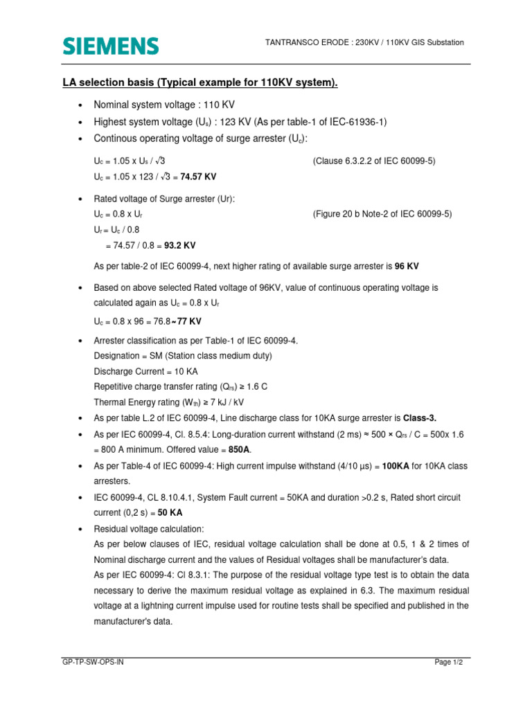 230 - 110kV GIS SS LA Selection and Sizing | Download Free PDF ...
