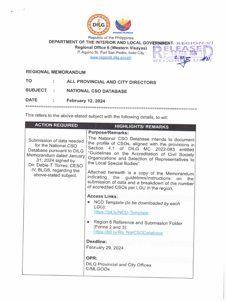 SGD Regional Memo - National CSO Database | PDF