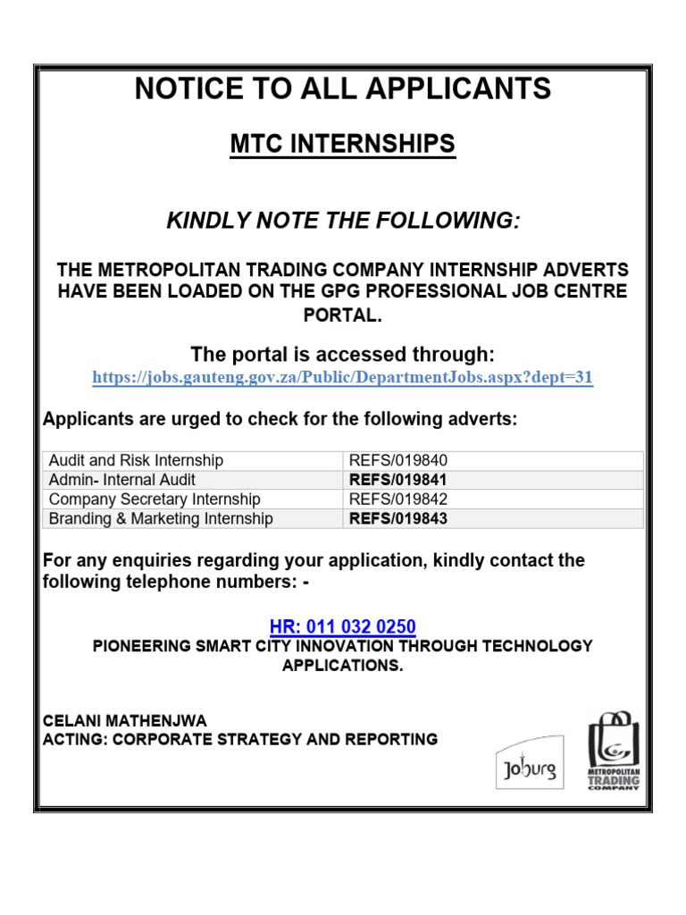 Notice - MTC Internship Adverts 2024 | PDF