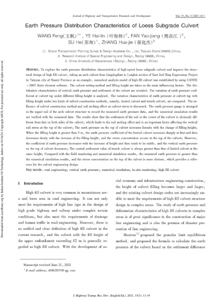 Earth Pressure Distribution Characteristics of Loess Subgrade Culvert ...