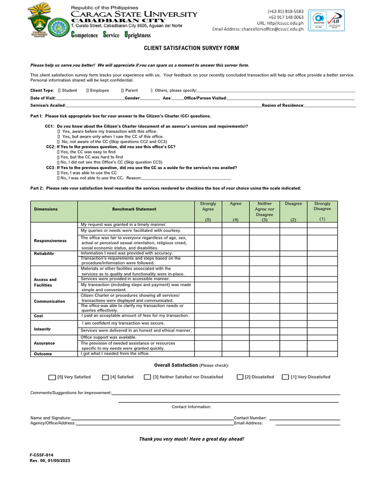 F CSSF 014 CITIZEN CLIENT SATISFACTION SURVEY FORM 2023 Edition | PDF ...