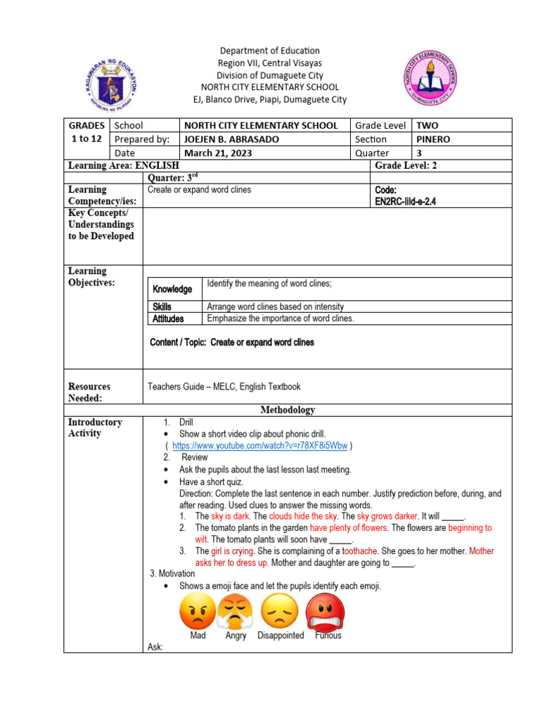 Grade 2 English Word Clines Lesson Plan | PDF | Behavior Modification ...