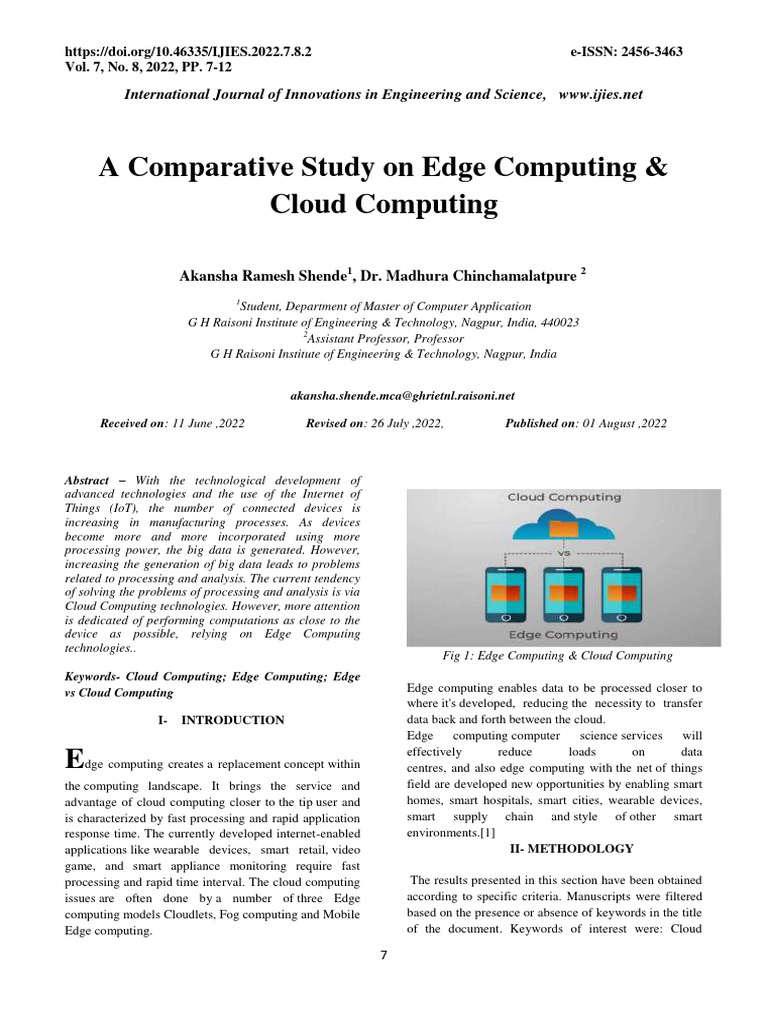 A Comparative Study On Edge Computing & Cloud Computing: Akansha Ramesh Shende, Dr. Madhura ...