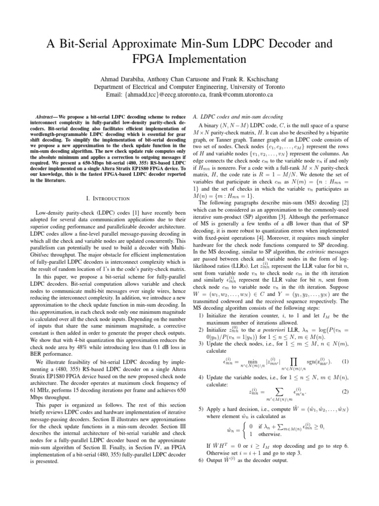 A Bit-Serial Approximate Min-Sum LDPC Decoder - Chan Carusone A University of Toronto | PDF ...