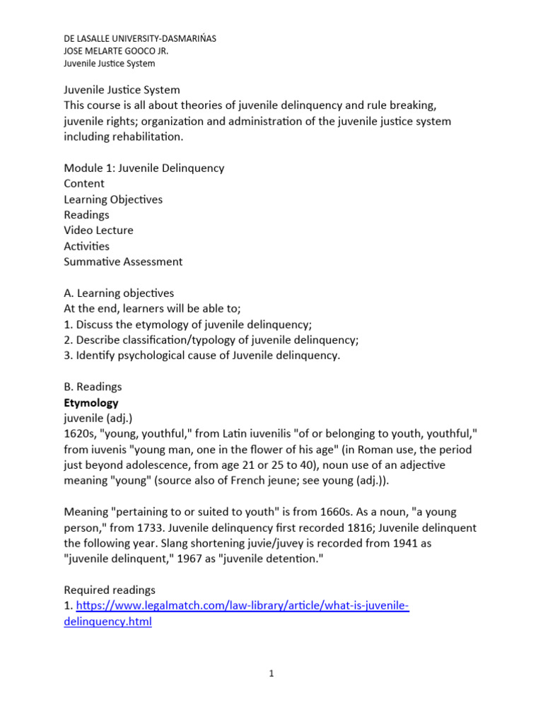 Module-Juvenile Justice System | PDF | Juvenile Delinquency | Deviance (Sociology)