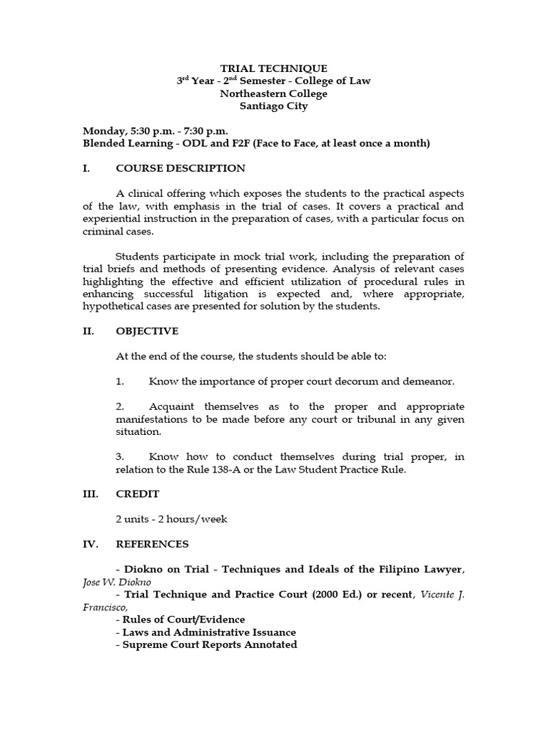 Syllabus Trial Technique | PDF | Burden Of Proof (Law) | Evidence (Law)