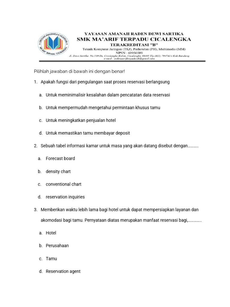 Soal Pilihan Ganda Front Office Kelas XII PH 3 | PDF Soal Pilihan Ganda Front Office Kelas XII PH 3 | PDF