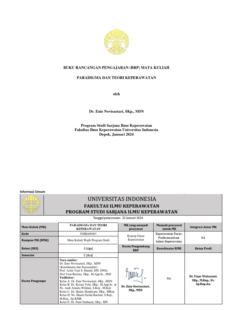 BRP - S1 - Reguler - MK Paradigma Dan Teori Kep - (Genap 20232024) | PDF