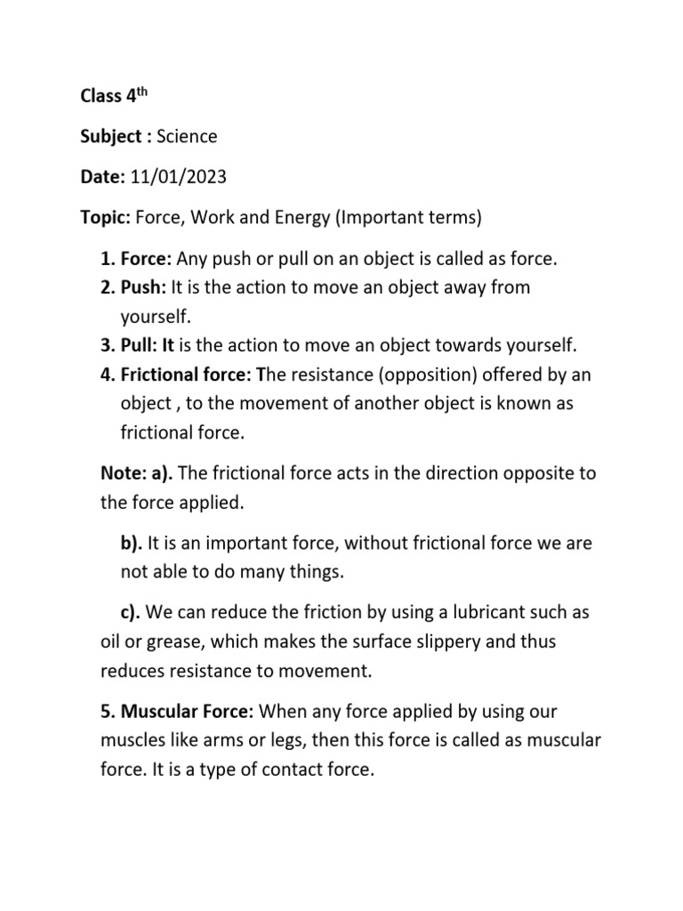 Force, Work & Energy Basics for 4th Grade | PDF | Science & Mathematics