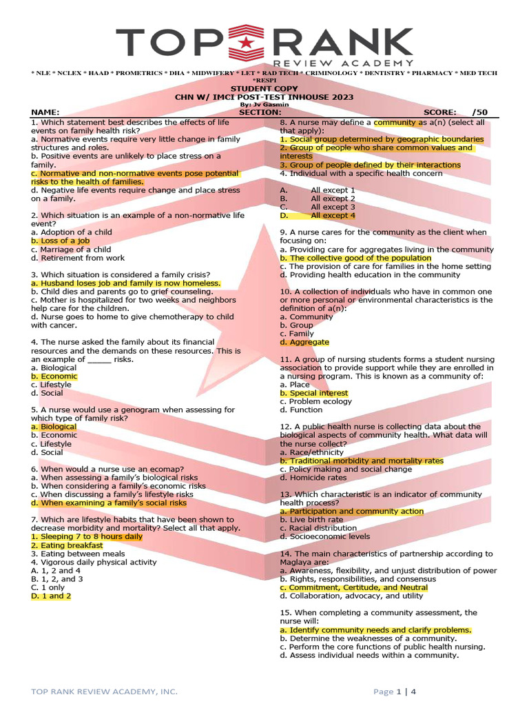 SC CHN Imci Post Test 50items Mr. JV Gasmin | PDF | Health Care | Nursing