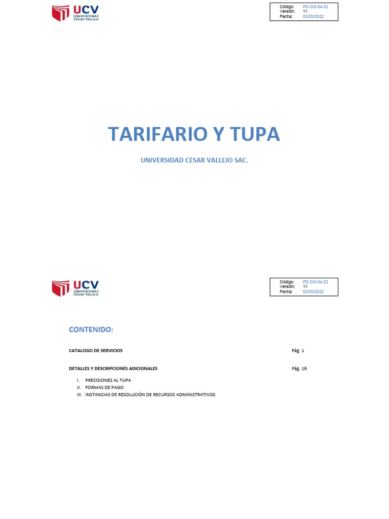 TARIFARIO Y TUPA Version2022 | PDF