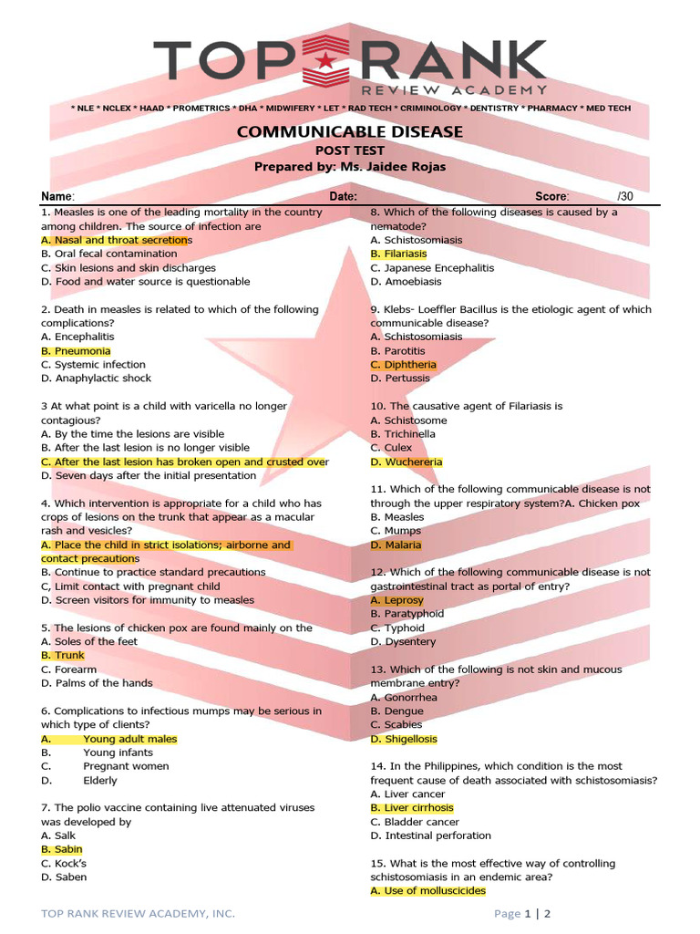 Batangas Communicable Dse Post Test SC | Download Free PDF ...