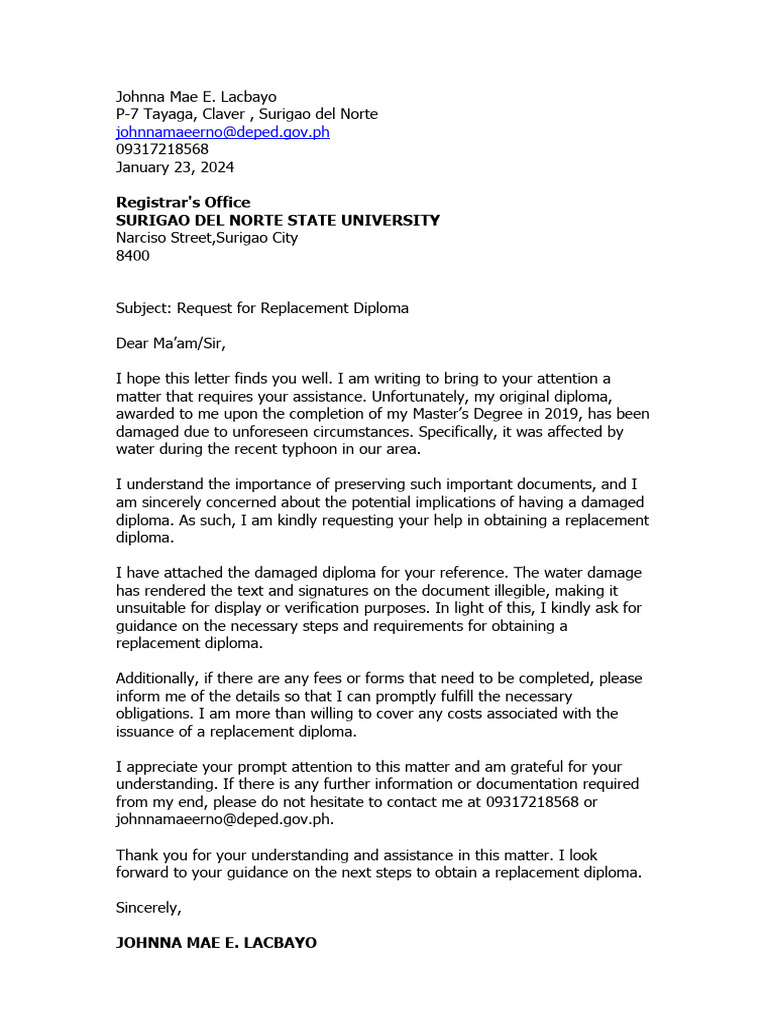 Letter For Request Diploma in Snsu | PDF