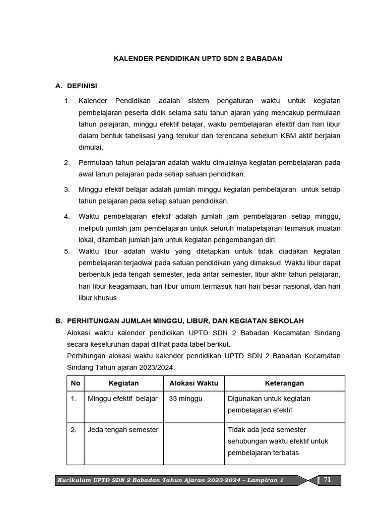 Lampiran 1 Kalender Pendidikan Uptd SDN 1 Proklamasi | PDF