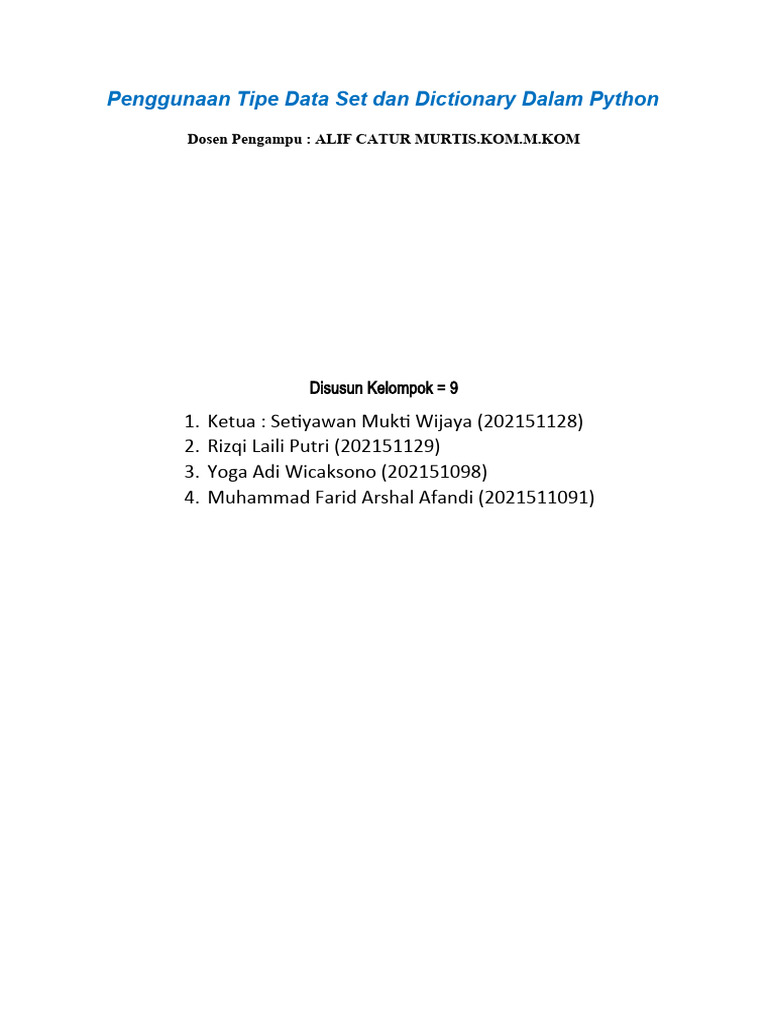 Kelompok 9 - Pemrograman Dasar - Penggunaan Set Dan Dictionary Dalam Python | PDF