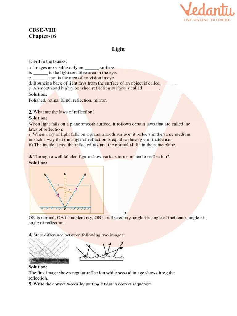 CBSE Class 8 Science Light Worksheets With Answers - Chapter 16 | PDF | Reflection (Physics ...