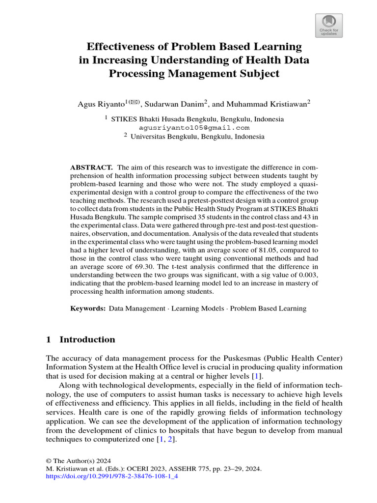 Effectiveness of Problem Based Learning in Increasing Understanding of Health Data Processing ...